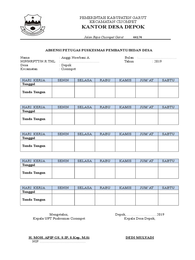 Contoh Absensi PUSTU | PDF