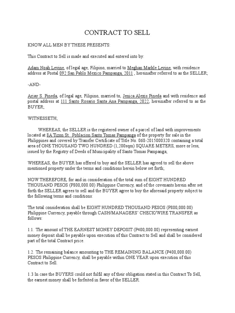 CONTRACT TO SELL Vacant Lot | PDF | Title (Property) | Taxes