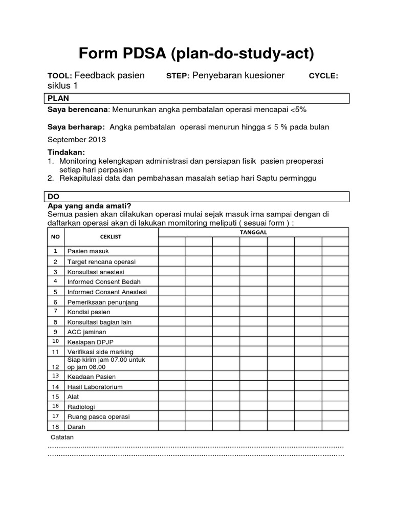PDSA FORM MONITORING PERSIAPAN PASIEN BLM Revisi | PDF