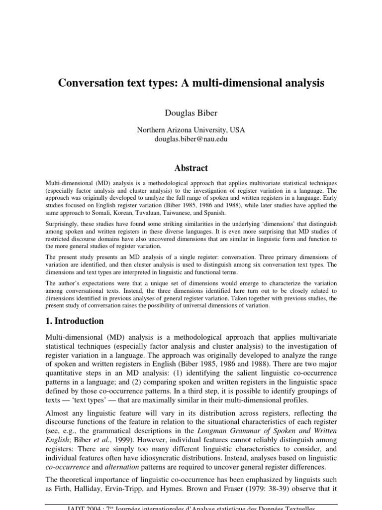 Conversation Text Types A Multi Dimensional Analysis Douglas Biber