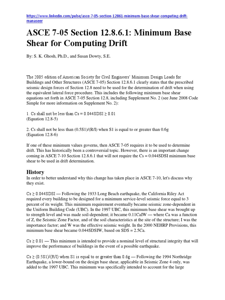 ASCE 7-05 Minimum Base Shear For Computing Drift | PDF | Earthquakes ...