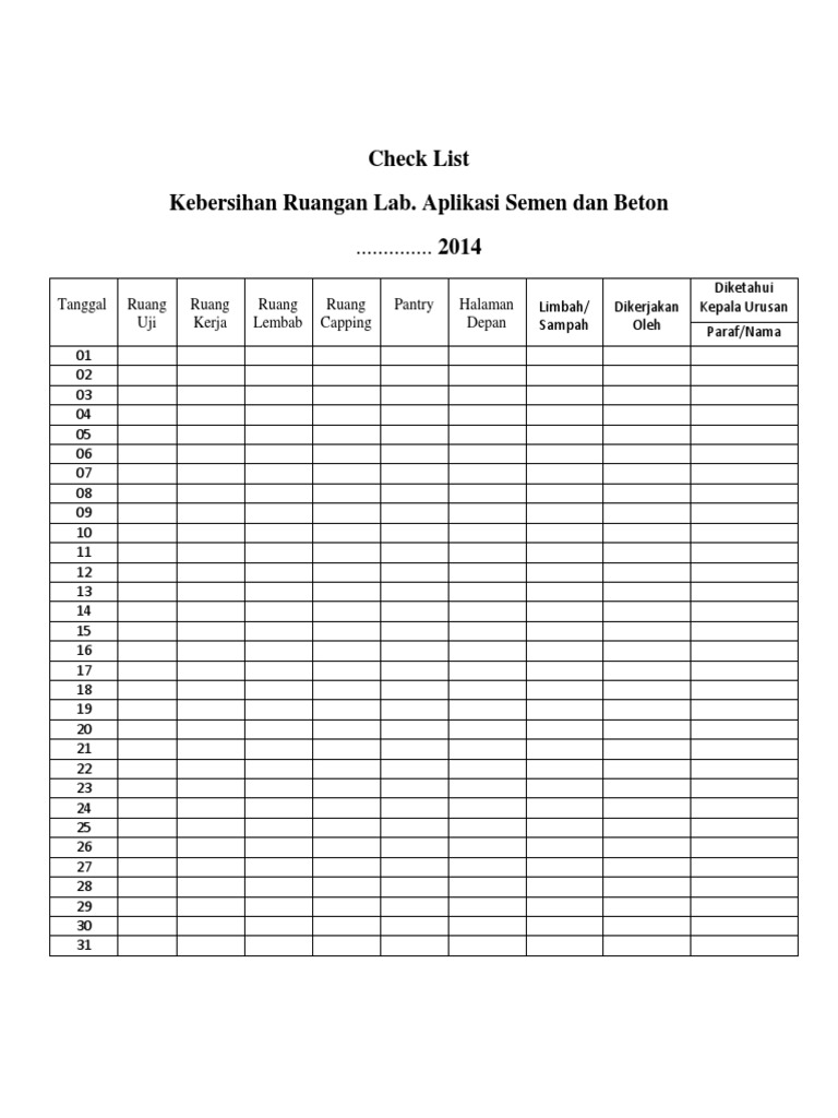 Checklist Kebersihan Ruangan Lab 2014 | PDF | Teknologi & Rekayasa
