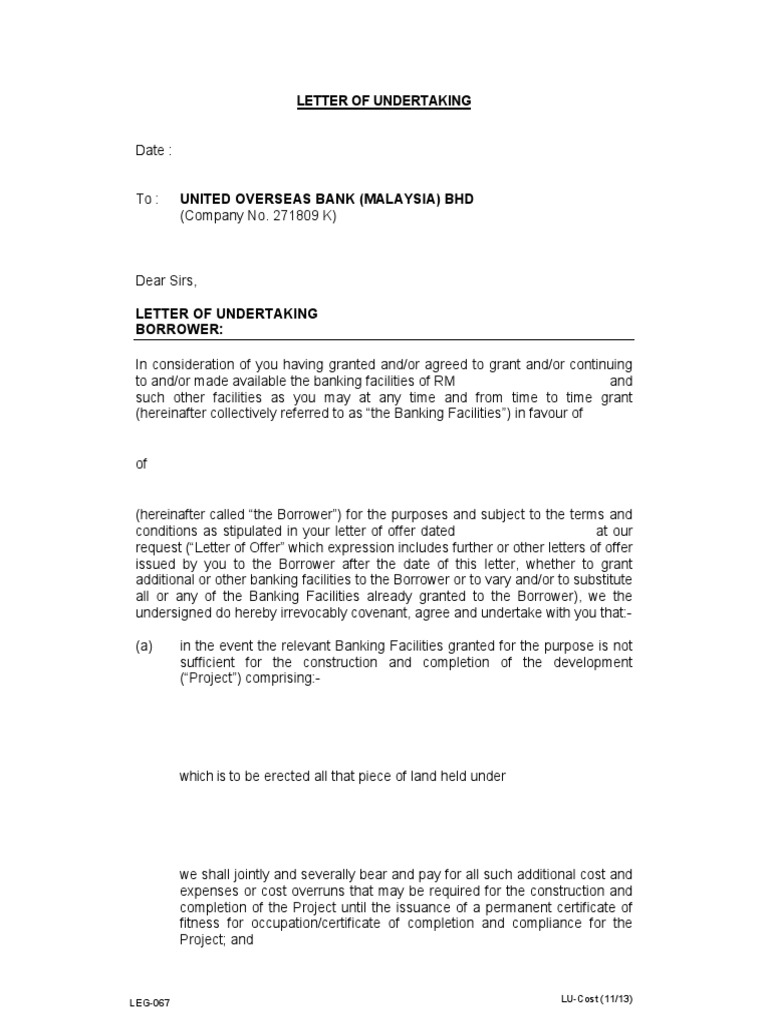 UOB LEG-067 Sample of Undertaking | PDF | Private Law | Public Law