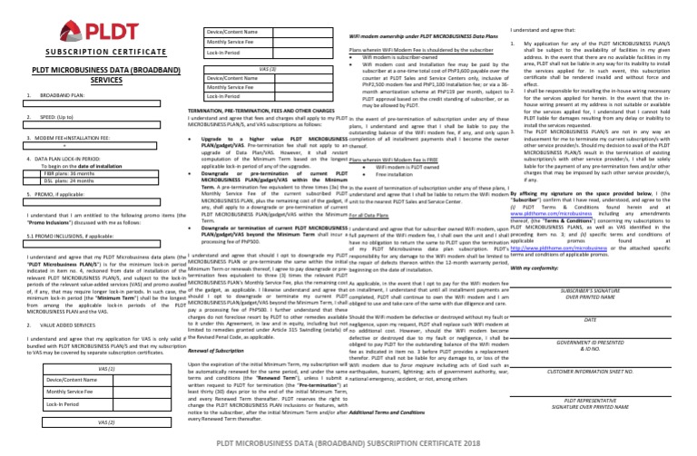 PLDT Microbusiness Subscription Certificate | PDF | Subscription ...