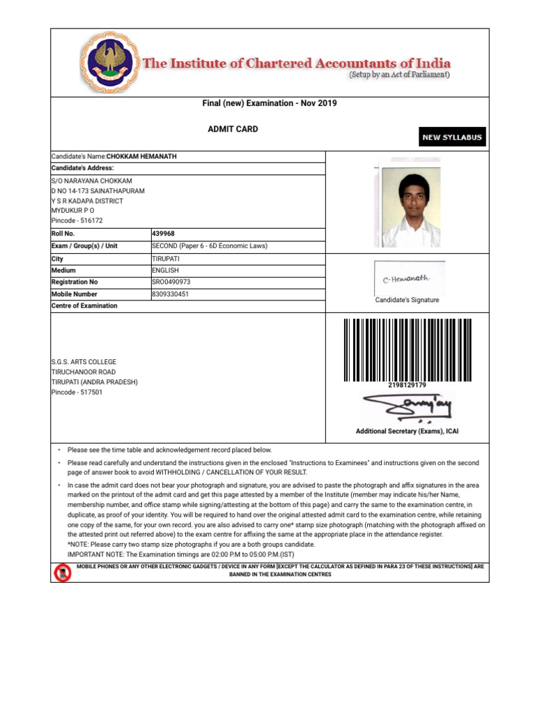 The Institute of Chartered Accountants of India - Admit Card 1 PDF ...