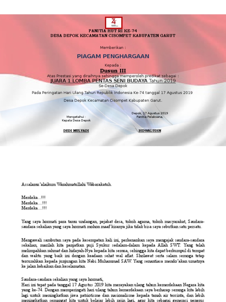 Piagam Penghargaan HUT RI ke-74 | PDF | Perjalanan