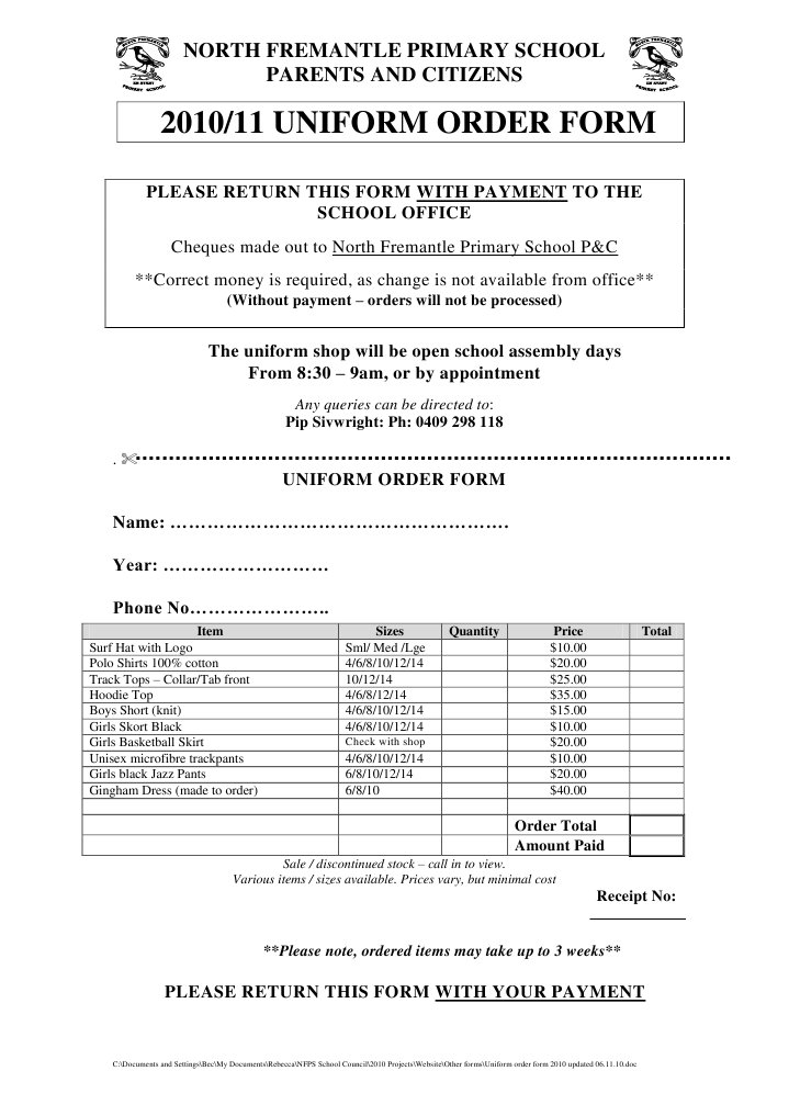 NFPS Uniform Order Form | PDF | Cheque | Clothing
