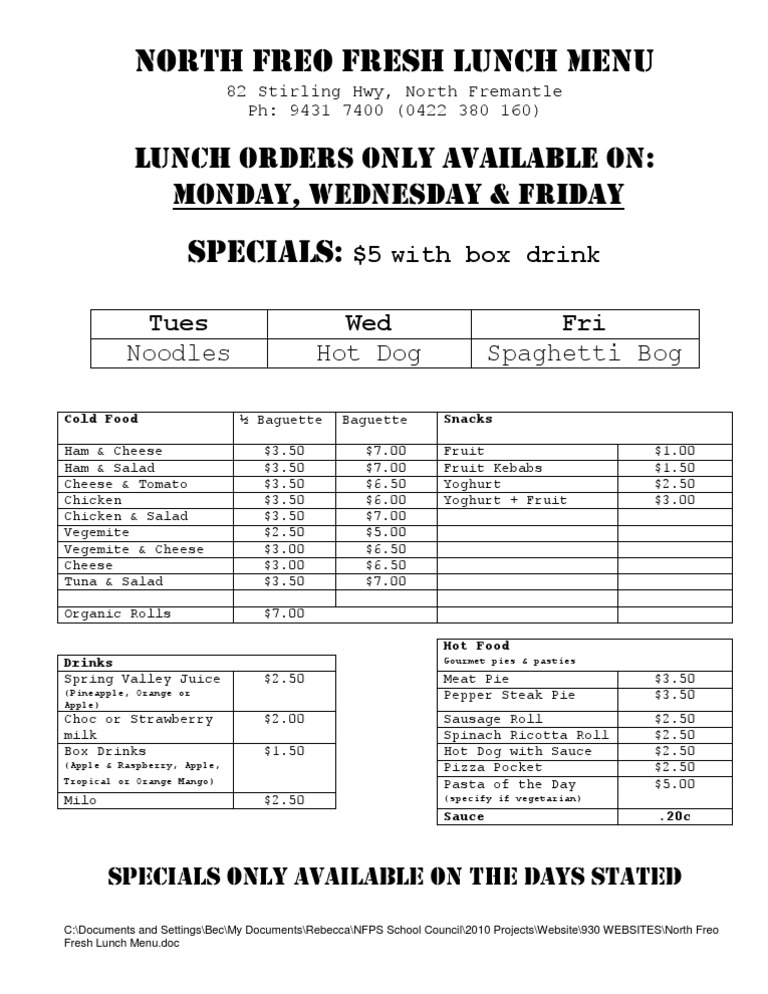 North Freo Fresh Lunch Menu | PDF | Lunch | Salad