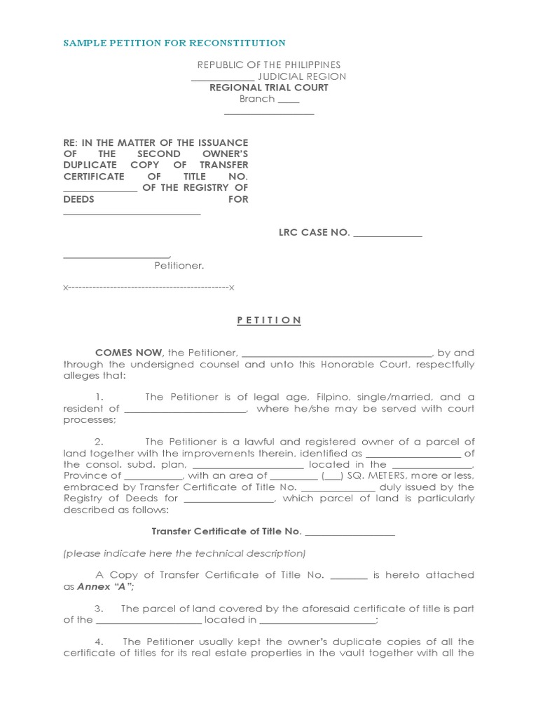 Sample Petition For Issuance of 2ND TCT | PDF | Title (Property ...