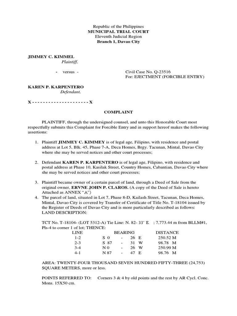 Complaint For Forcible Entry | PDF | Lawsuit | Separation Of Powers