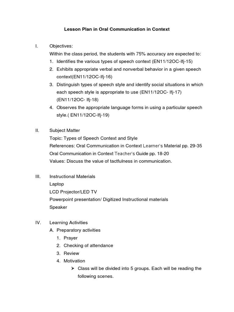 Oral Communication Lesson Plan | PDF | Lesson Plan | Communication