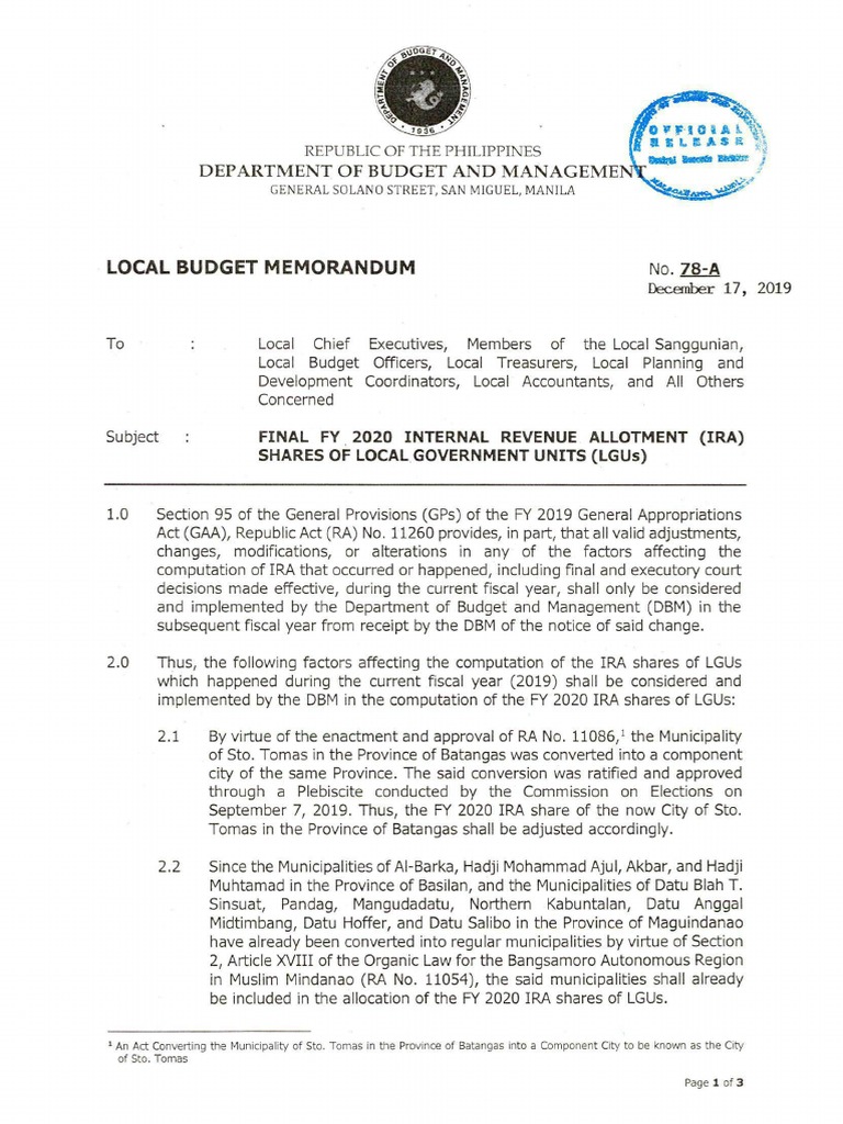 Local Budget Memorandum No.78-A | PDF | Philippines | Government