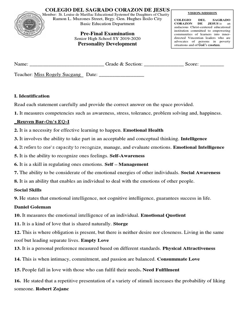 Personality Development Exam With Answers | PDF | Romance (Love) | Love
