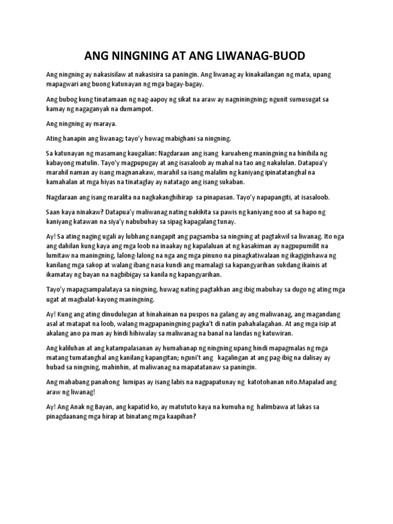 Ang Ningning at Ang Liwanag-Buod | PDF