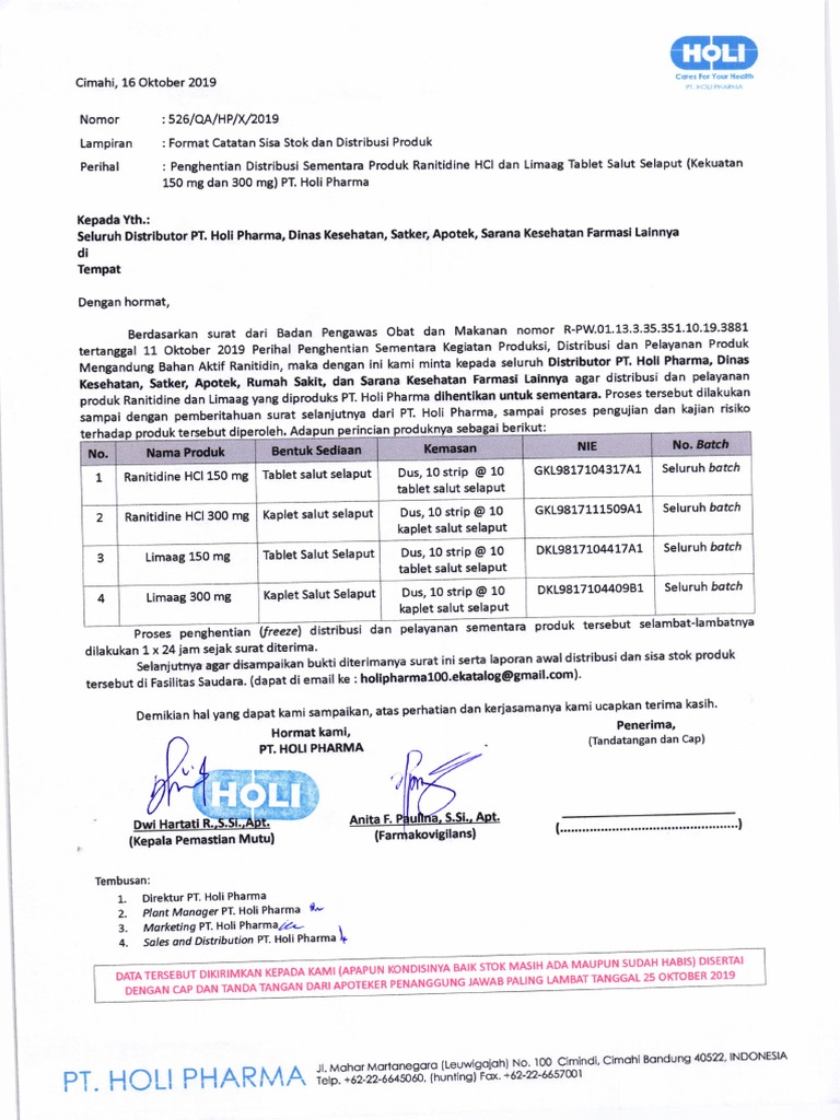 Penghentian Sementara Produk Ranitidine Dan Limaag Seluruh Batch | PDF