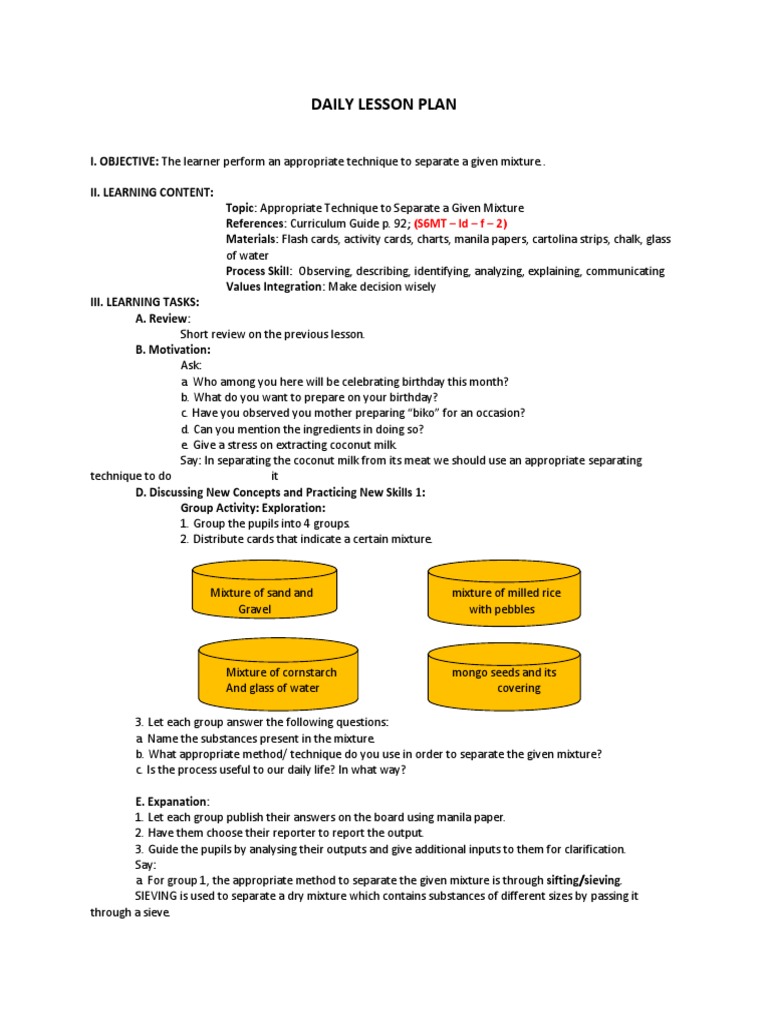 Grade 6 Mixture Separation Lesson Plan | PDF | Filtration | Chemical ...