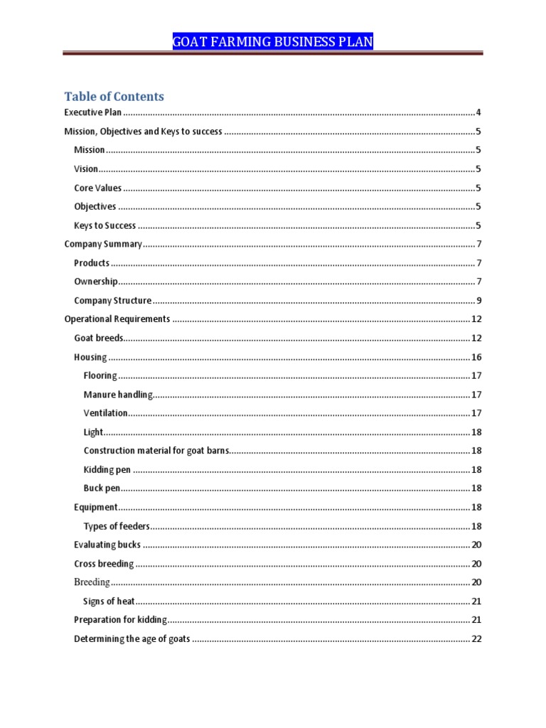 Contents Table Goat Farming Business Plan | PDF | Goat | Business Plan