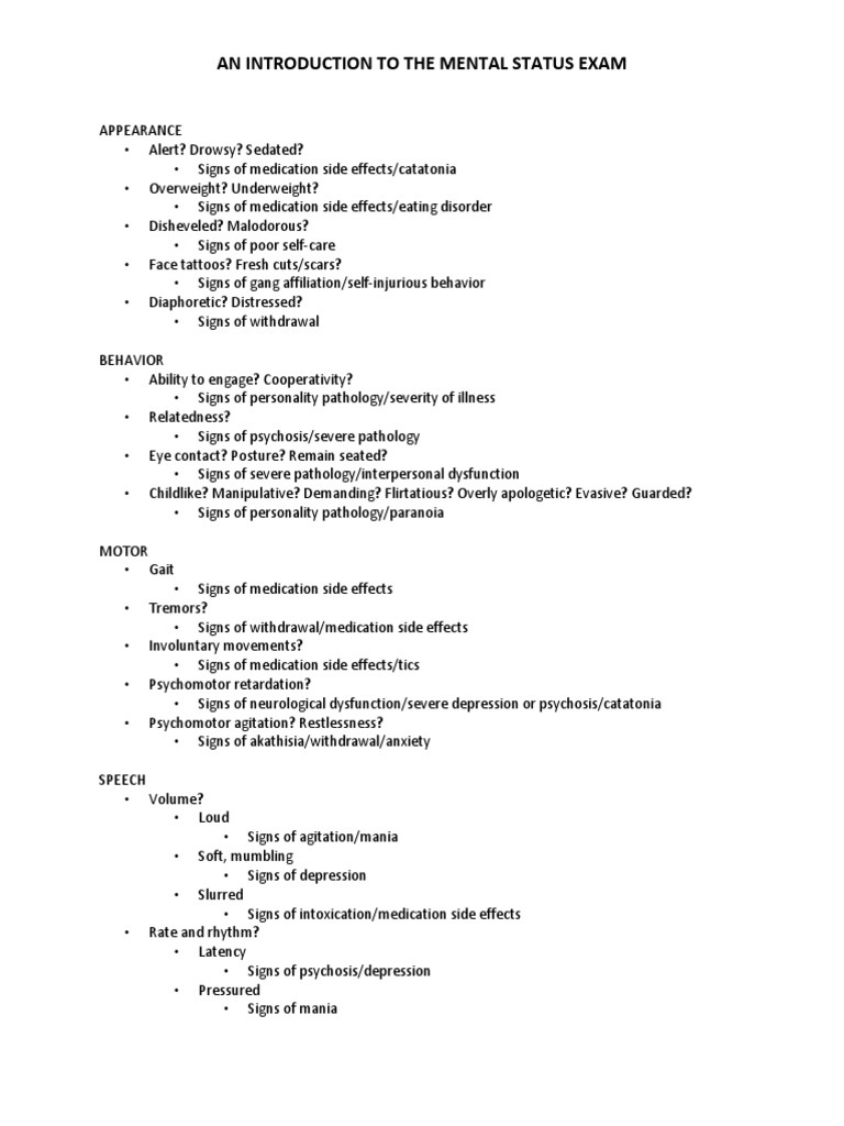 Mental Status Exam | PDF | Psychosis | Psychiatric Diagnosis