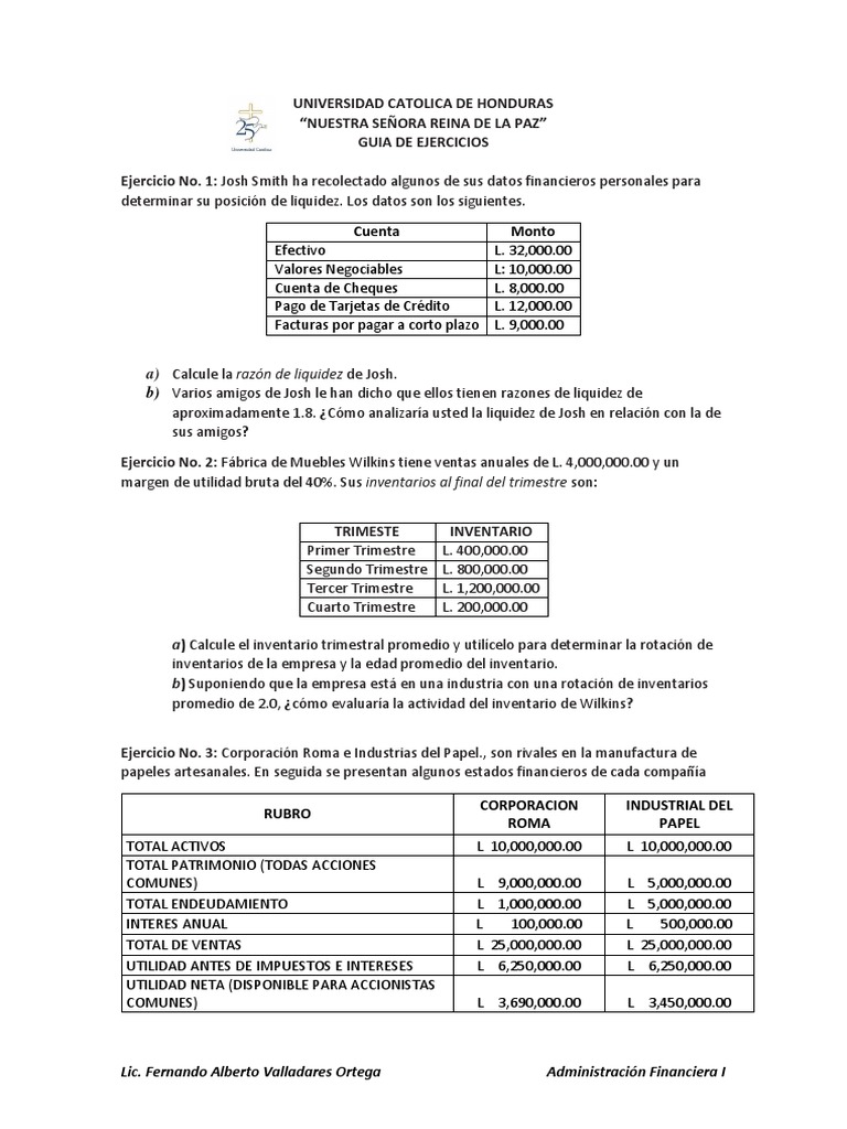 Guía de ejercicios de liquidez, rentabilidad y análisis financiero | PDF | Rentabilidad sobre ...