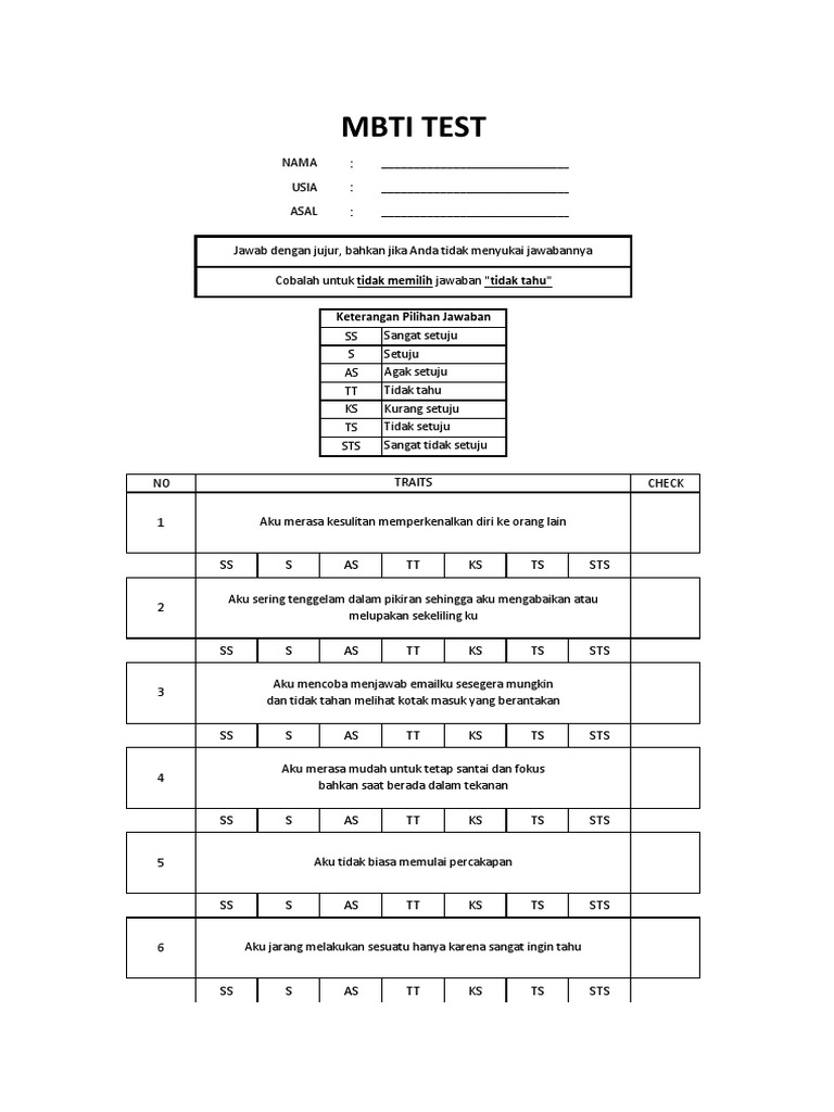 MBTI TEST FORM (Done) | PDF