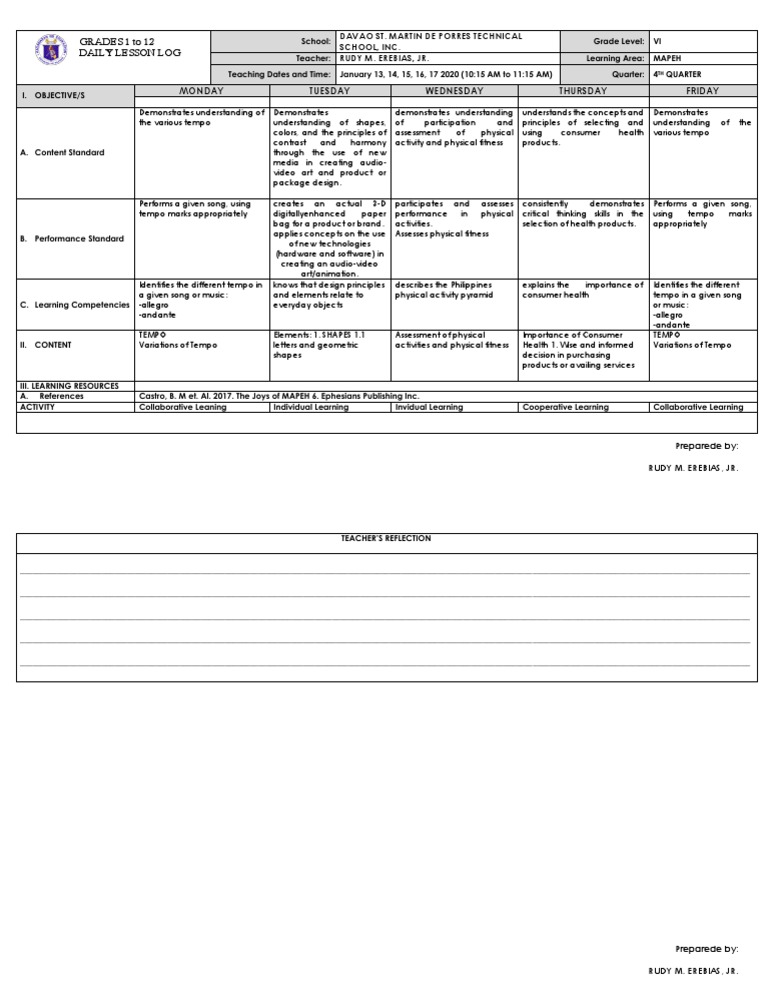 Grade 6 DLL MAPEH Q4 Week 2 | PDF | Pedagogy | Learning