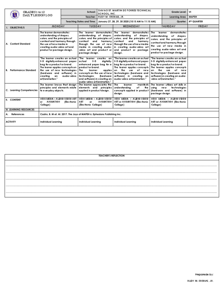 Grade 6 DLL MAPEH Q4 Week 4 | PDF | New Media | Learning