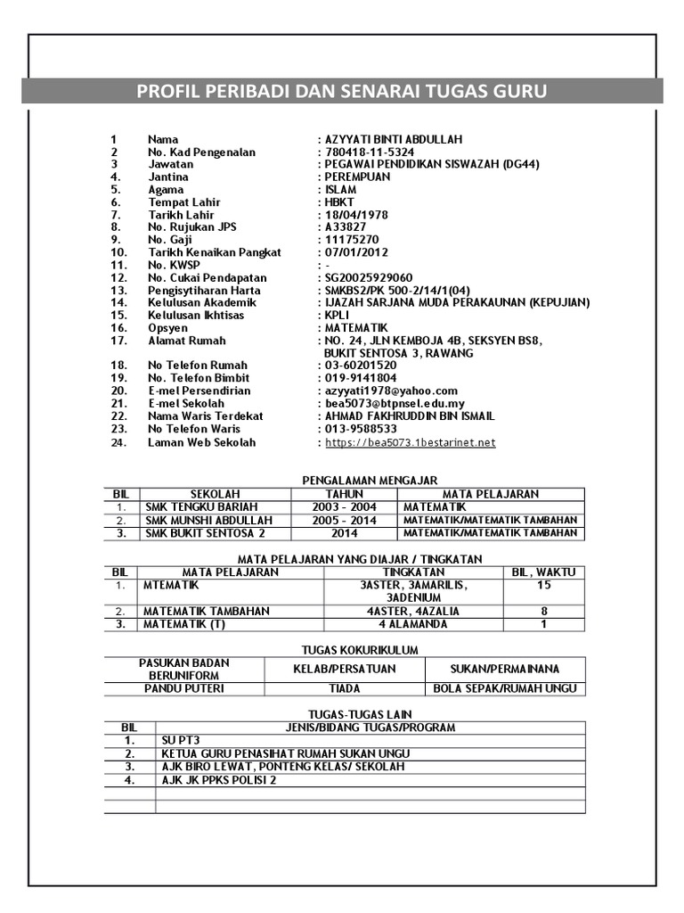 Profil Peribadi Dan Senarai Tugas Guru (Kosong) | PDF