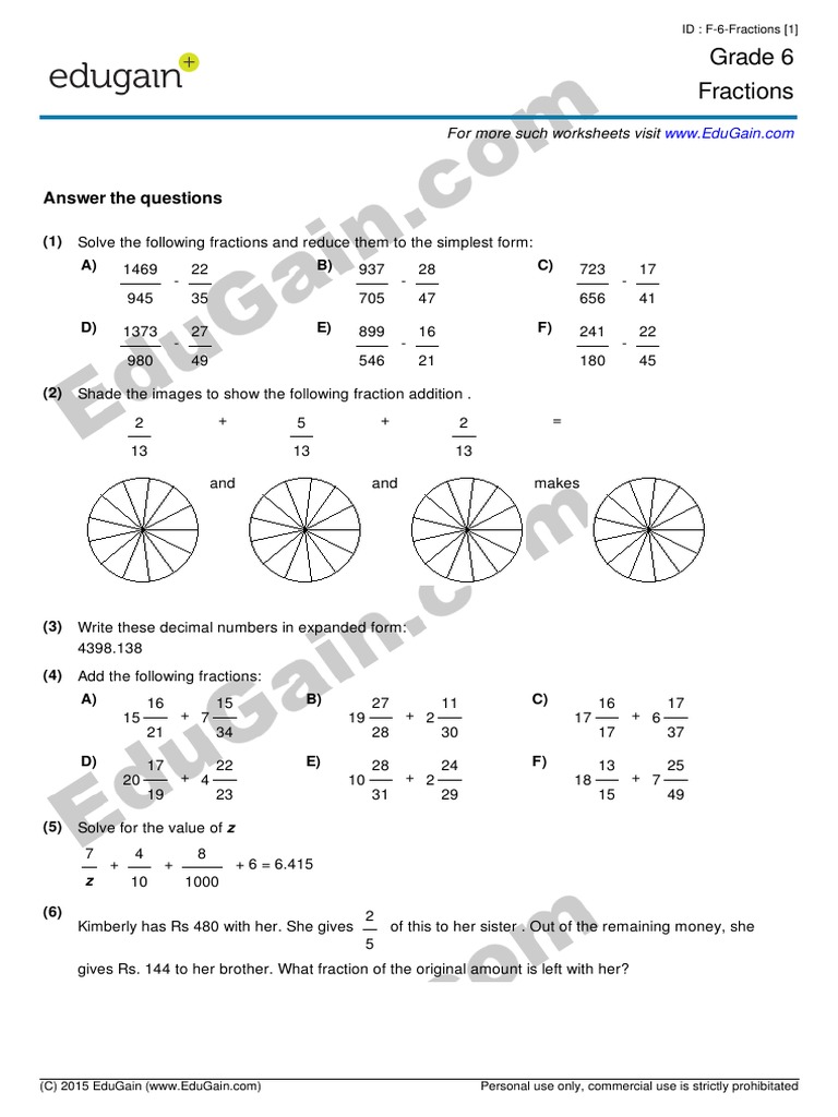 Grade6 Fractions PDF | Download Free PDF | Fraction (Mathematics) | Numbers