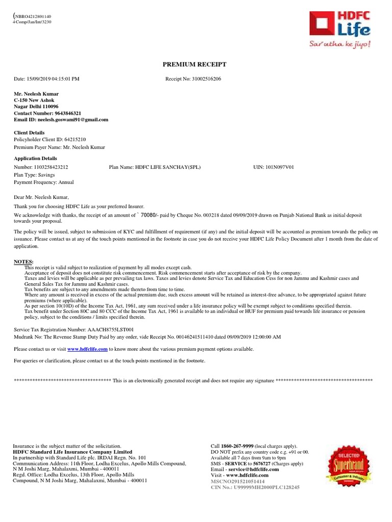 HDFC Life insurance receipt for Mr. Neelesh Kumar | PDF | Life ...
