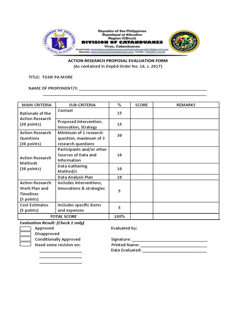 Action Research Proposal Evaluation Form | PDF | Data | Evaluation