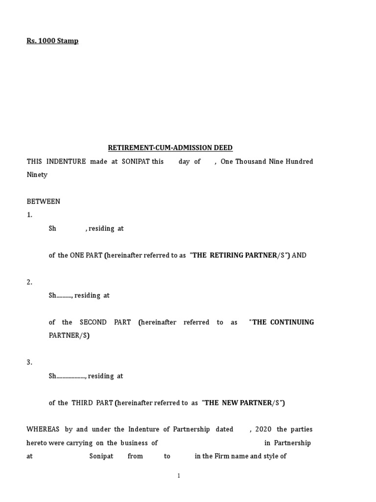 Retirement-Cum-Admission Deed Format | PDF | Partnership | Arbitral ...
