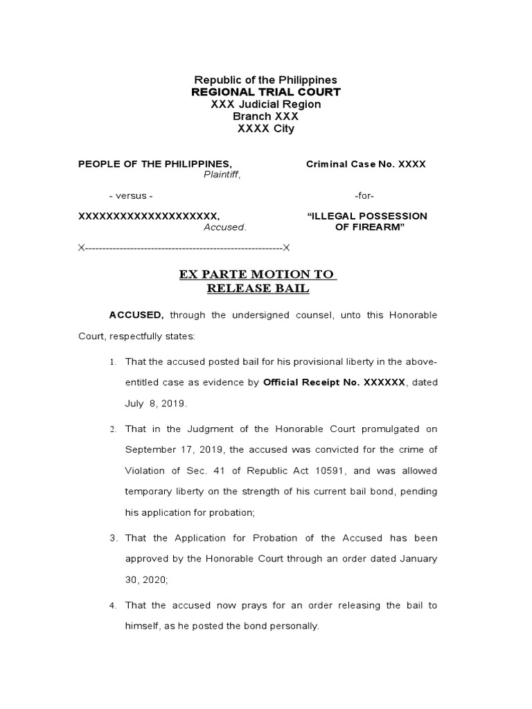 Ex Parte Motion To Release Cash Bail | PDF | Bail | Common Law