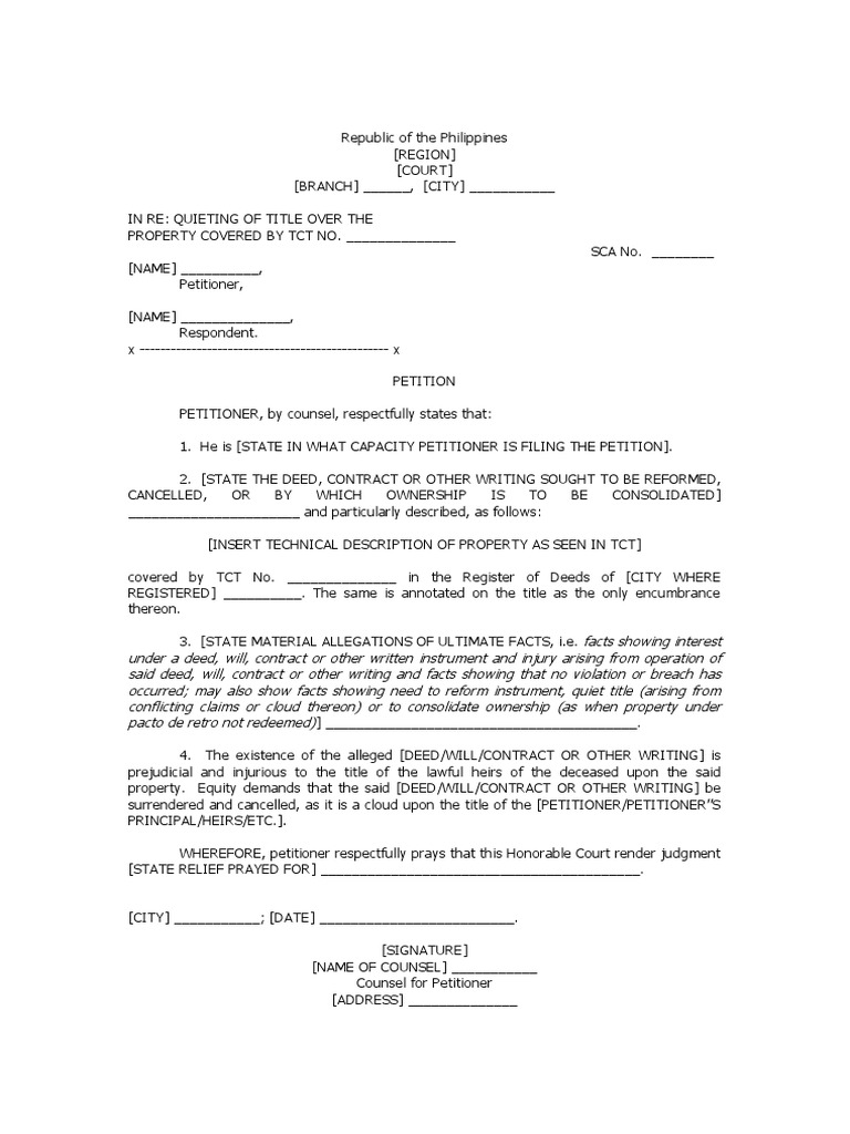 Petition for Quieting of Title | PDF | Deed | Property