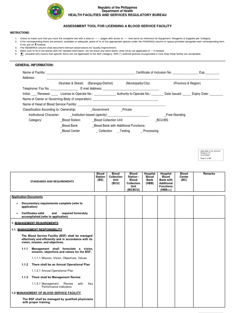 Blood Station Assessment Tool 2020 | PDF | Blood Donation | Quality ...