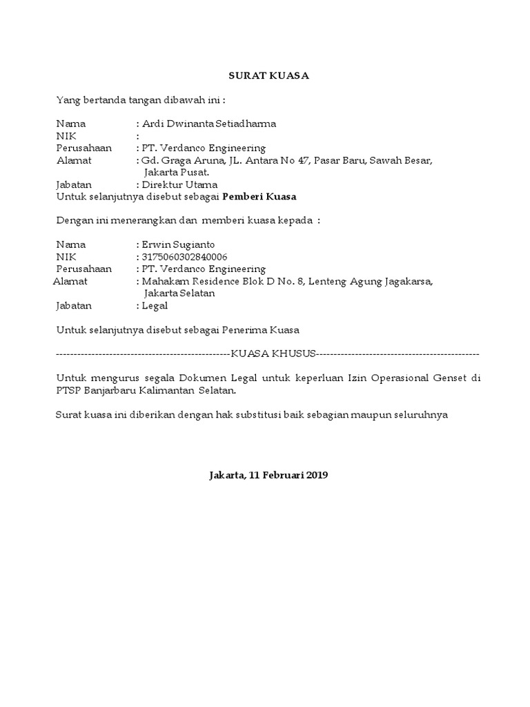 Surat Kuasa PT Verdanco Engineering | PDF | Komputer | Teknologi & Rekayasa