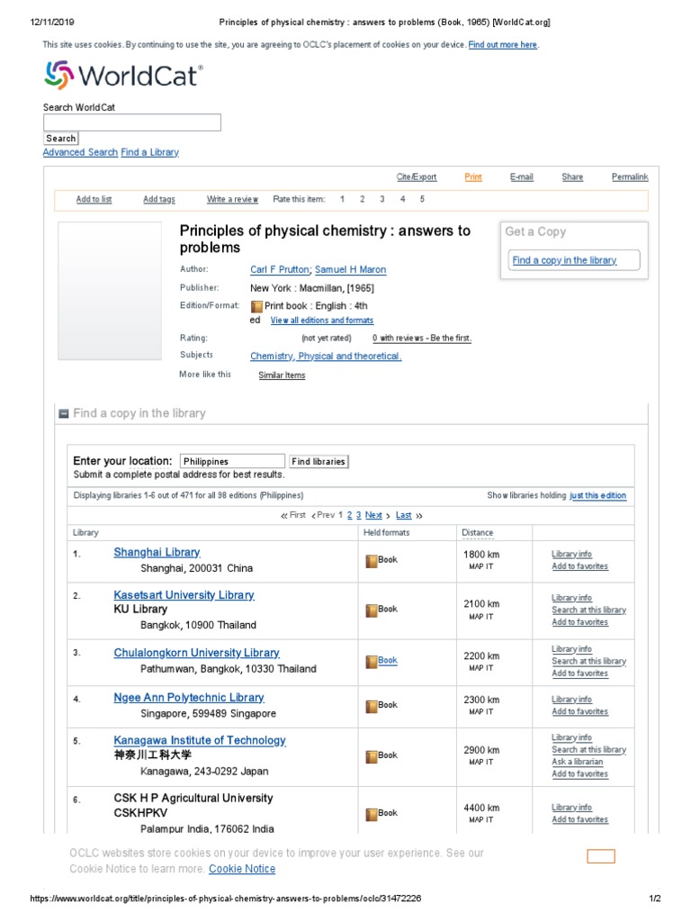 Principles of Physical Chemistry - Answers To Problems (Book, 1965) (WorldCat - Org) PDF | PDF ...