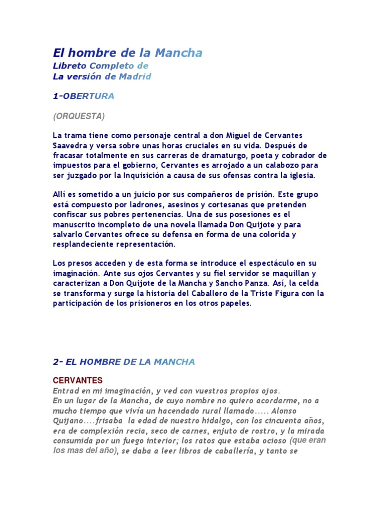 El Hombre de La Mancha | PDF | Don Quijote | Miguel De Cervantes