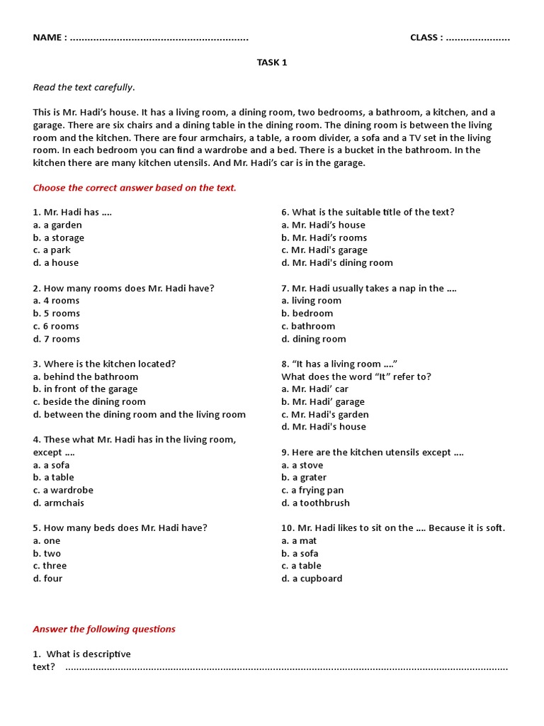 Descriptive Text Exercise Tests - 42760 | PDF | Room | Domestic Life