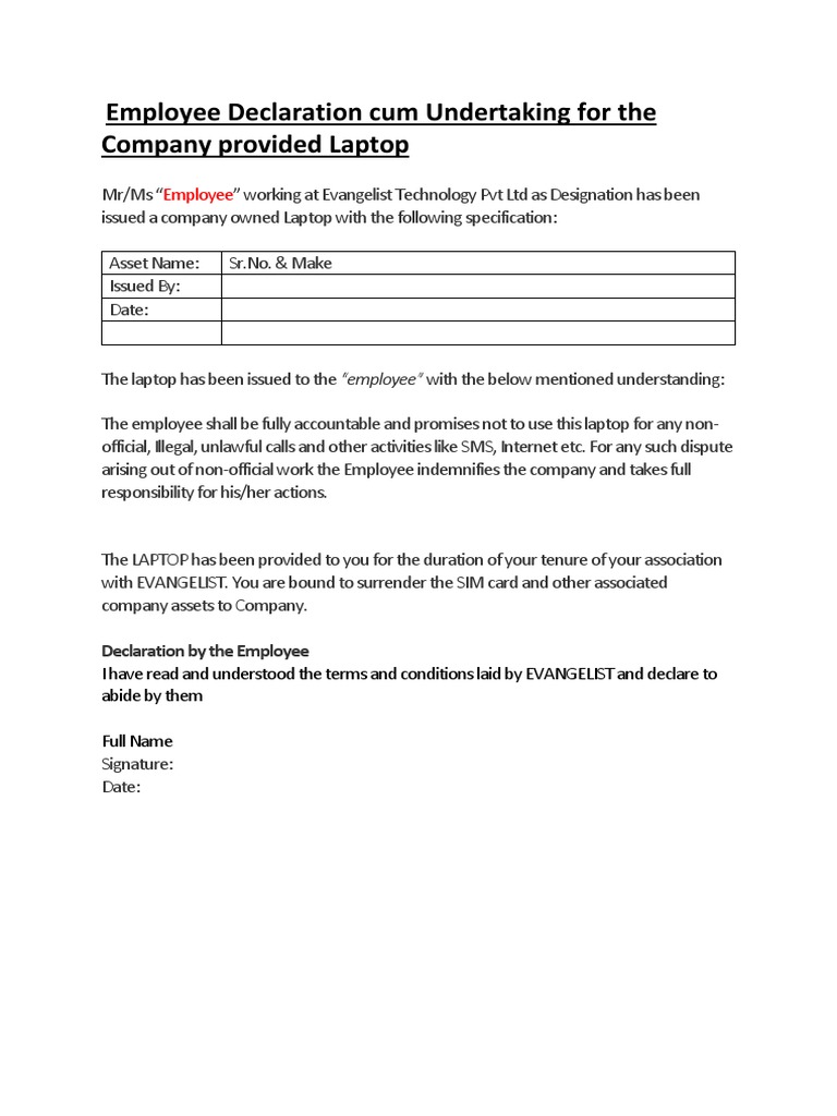 Employee Agreement for Responsible Use of Company-Provided Laptop | PDF