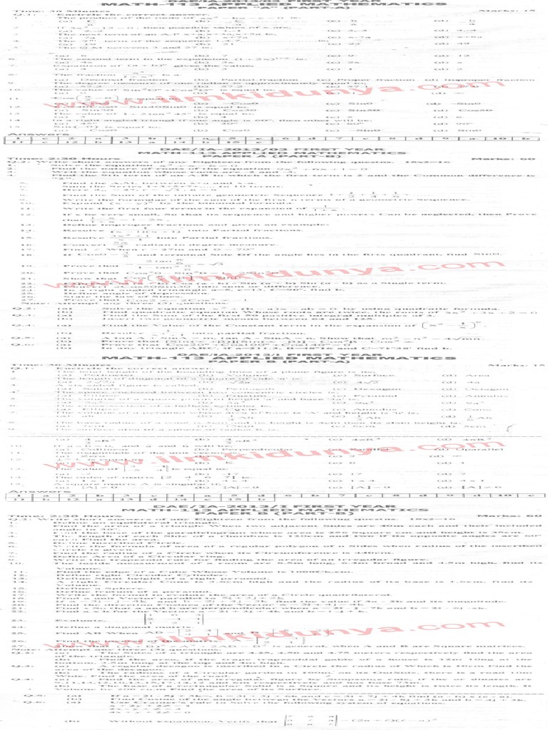 DAE IA 2013 Past Papers Civil 1st Year Math 113 Applied Mathematics | PDF