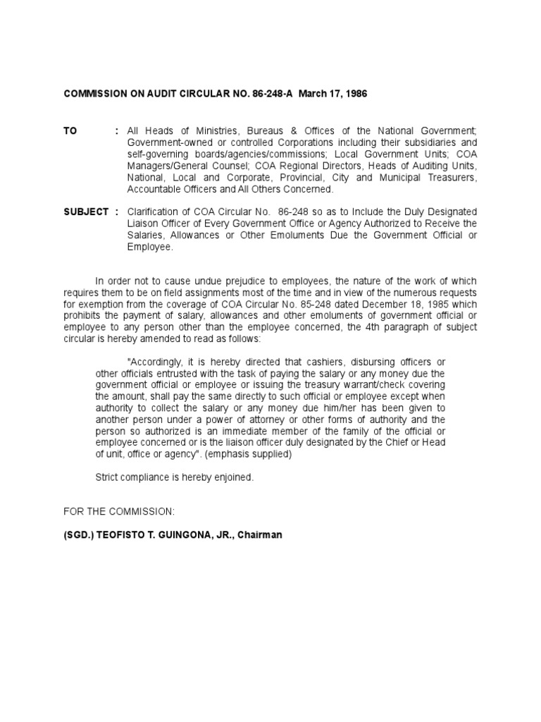 COA Circular 86-248-A Clarification | PDF