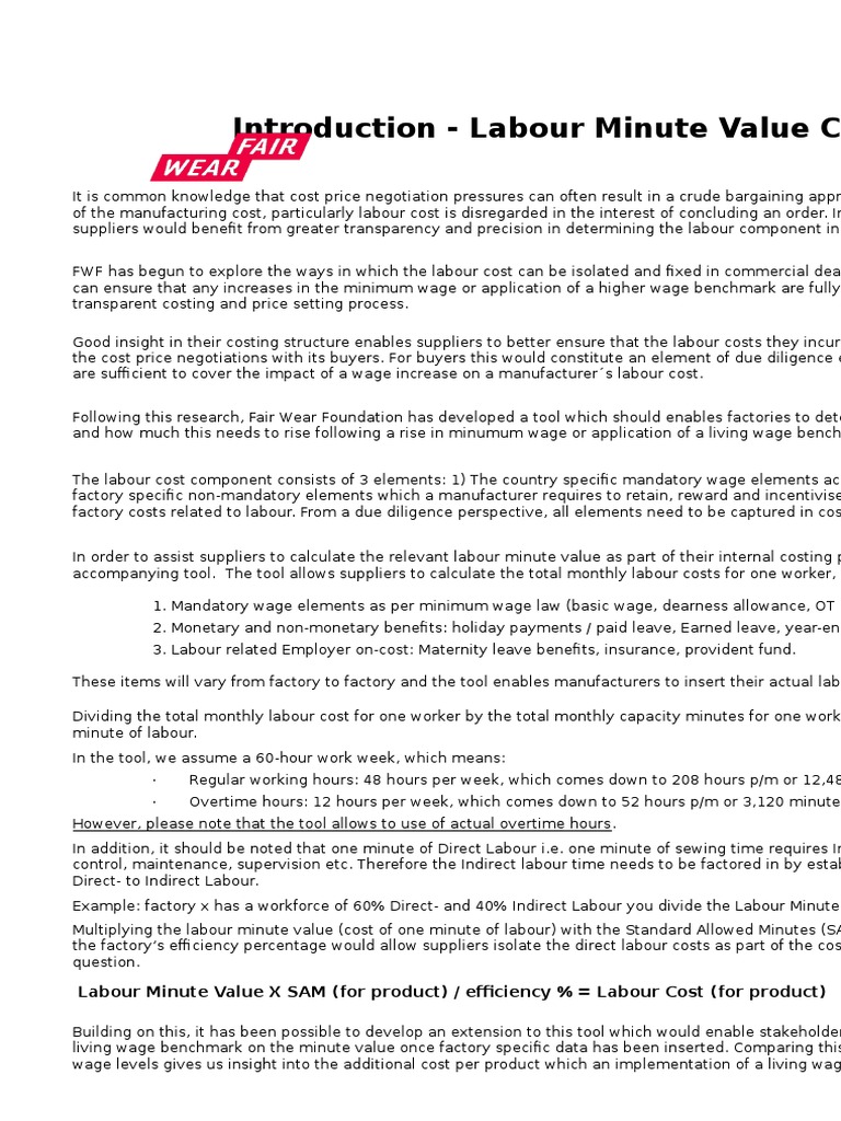 FWF Labour Minute Value Calculator and Product Costing For Tiripur ...