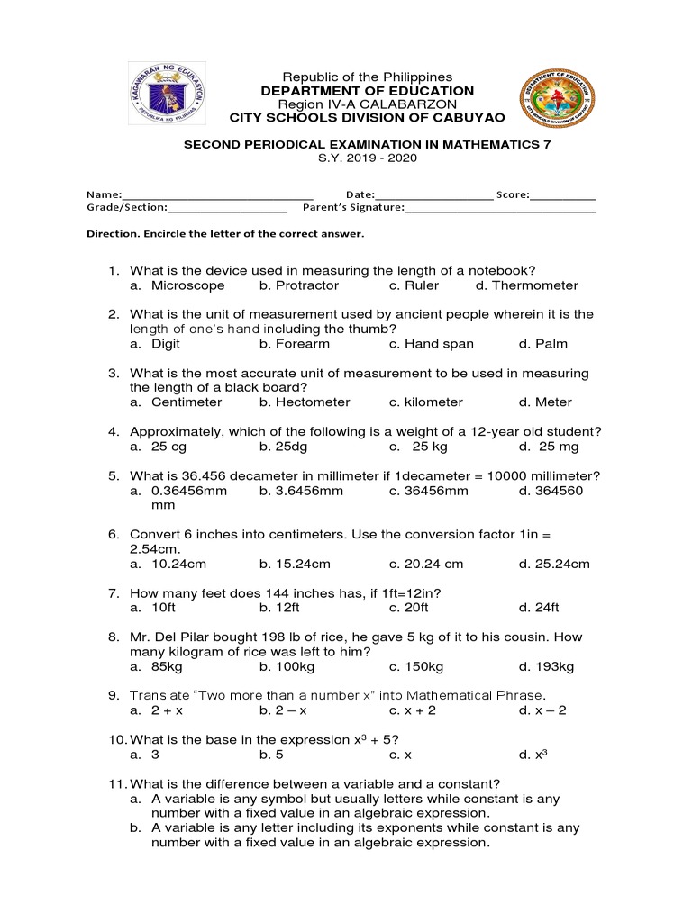 Grade 7 Periodical Test | PDF | Variable (Mathematics) | Exponentiation