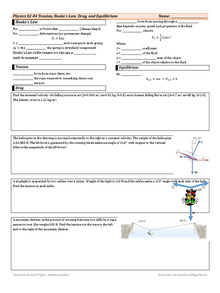 Physics 02-04 Tension, Hookes Law, Drag, and Equilibrium | PDF | Drag ...