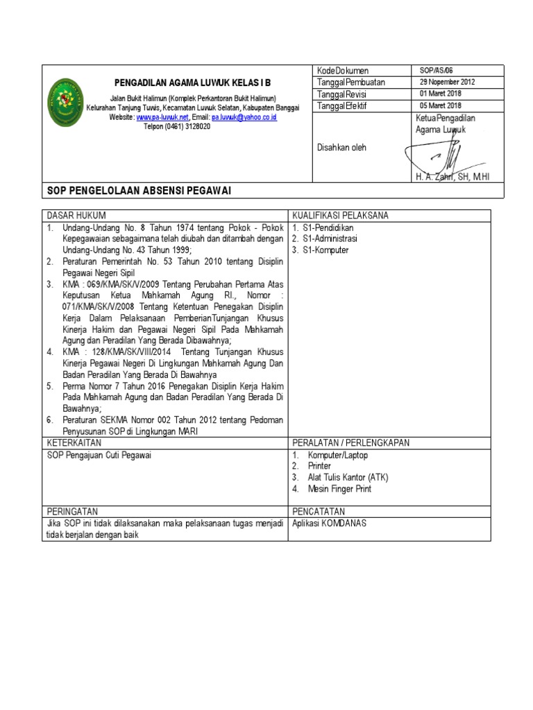 Sop Pengelolaan Absensi Pegawai PDF | PDF