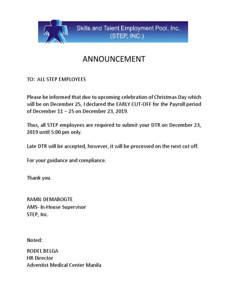 Announcement For Early Cut Off | PDF