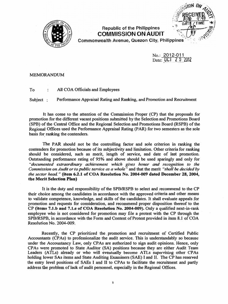 COMMISSION ON AUDIT MEMORANDUM NO. 2012-011 Performance Appraisal ...