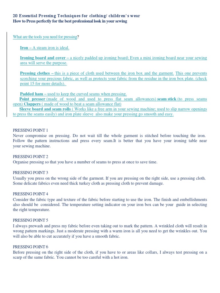 20 Essential Pressing Techniques For Clothing | PDF | Seam (Sewing ...