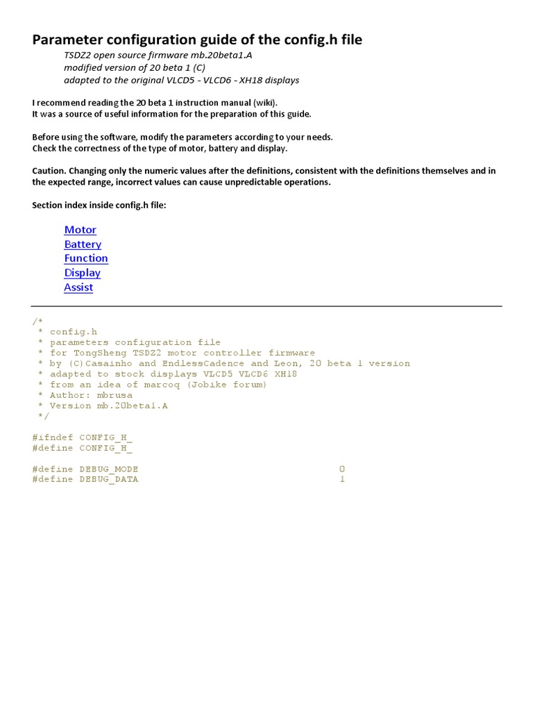 EN Parameter Config.h Guide TSDZ2 Mb.20beta1.a | PDF | Throttle | Volt