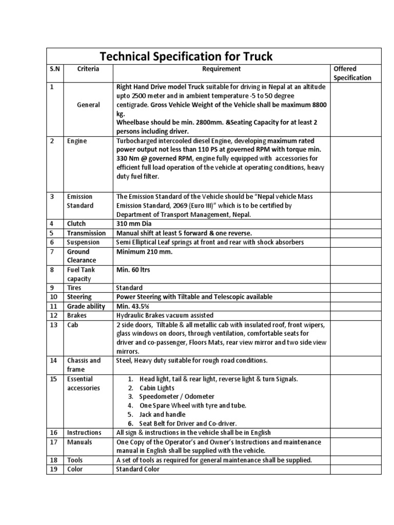 1080 Truck Technical Specification For Procurement of Truck | PDF ...